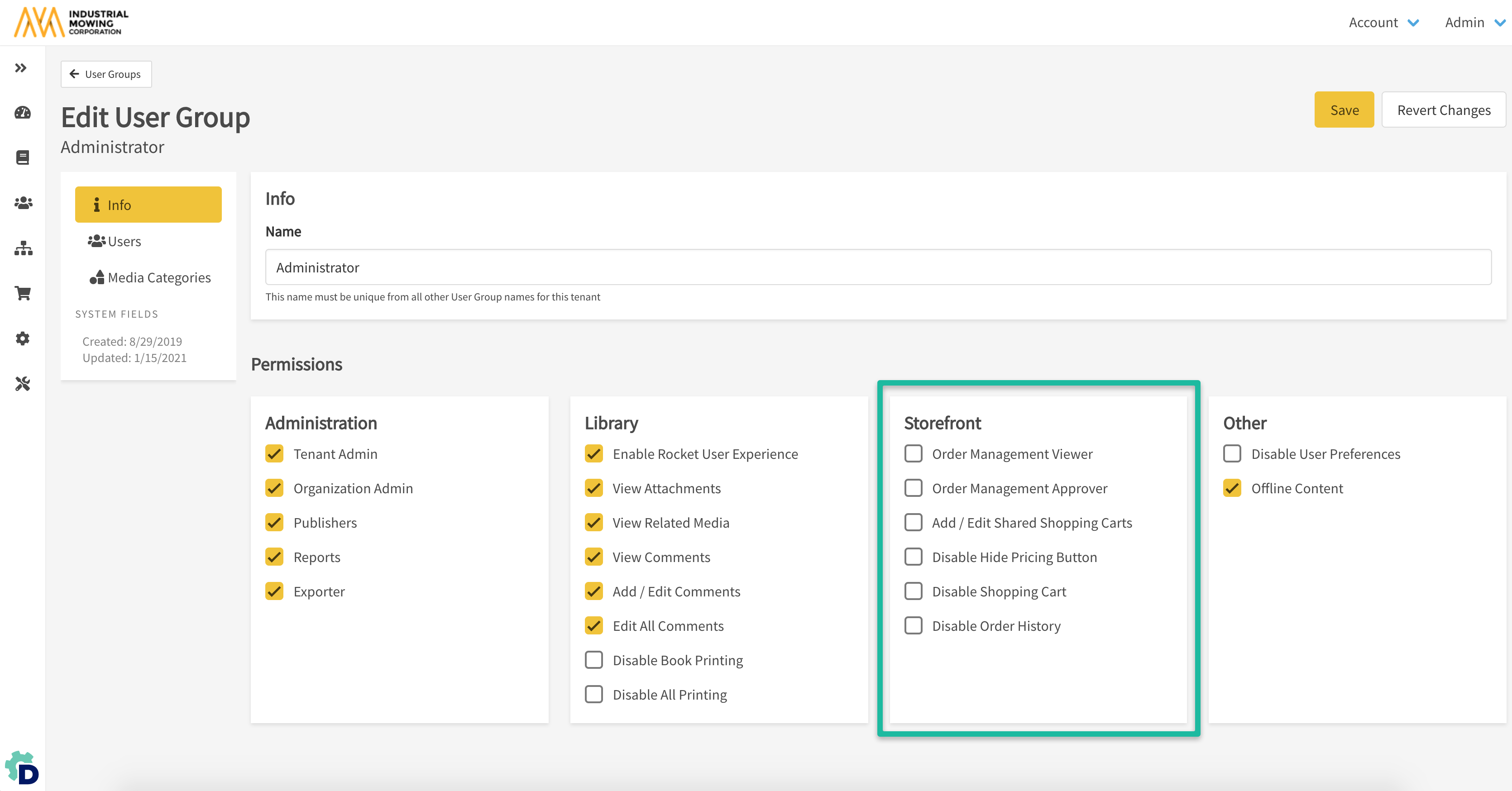 Storefront User Group Permissions